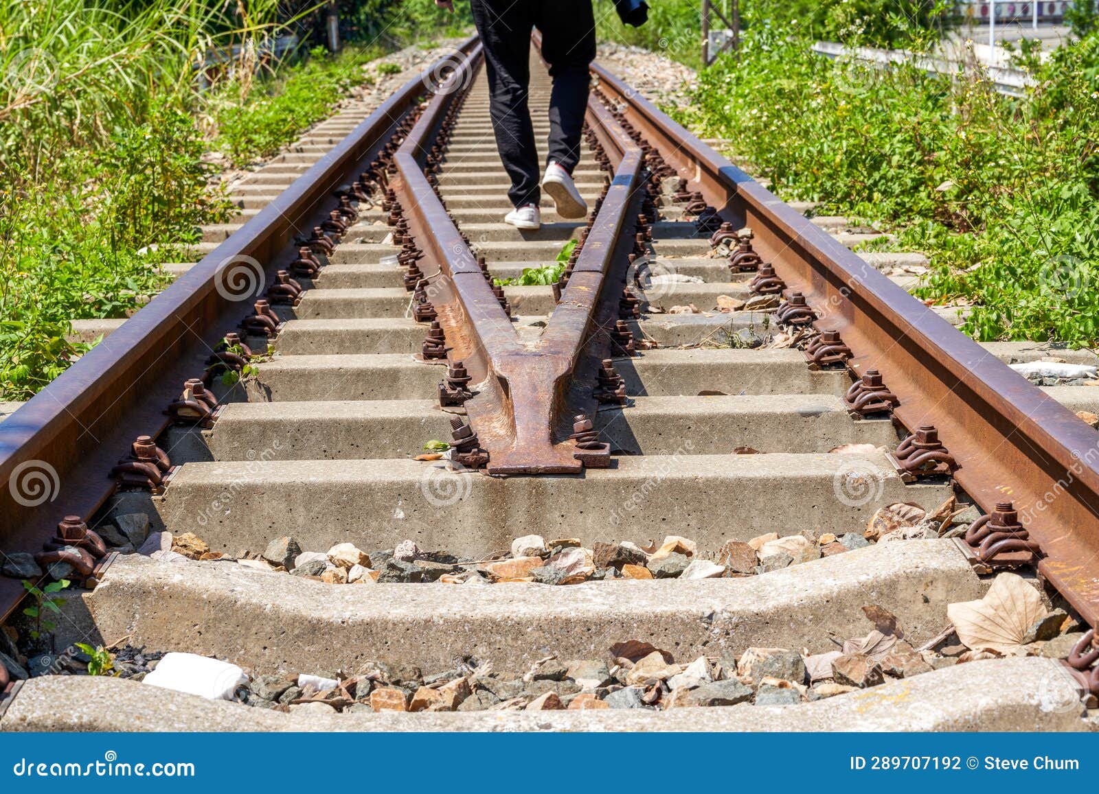 A Man Walking on Old Rusty Railway Tracks Outdoors Stock Photo - Image ...