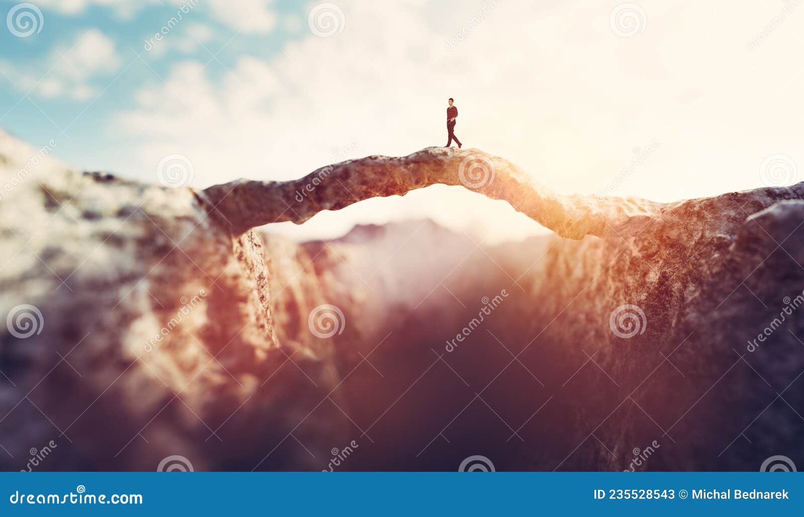 Man Walking on the Other Side of Mountain Bridge Stock Illustration ...