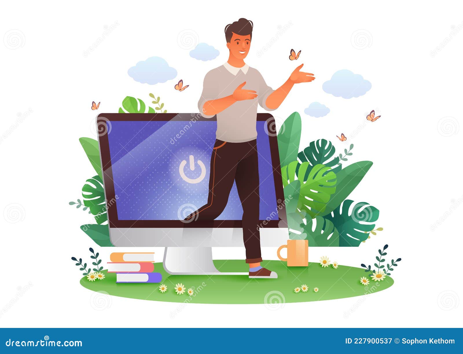 Digital Detox, Man Walking Out from Computer Screen Retreating from ...