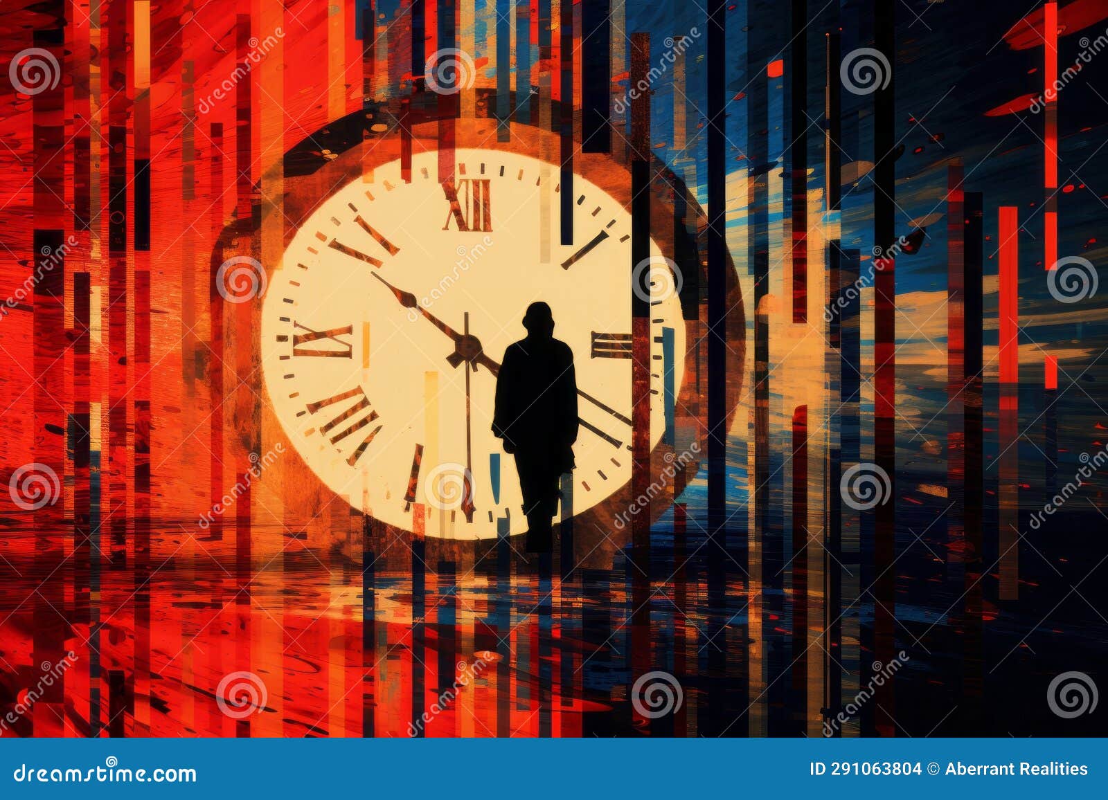 A Man Walking Past a Large Clock in the Middle of an Abstract ...