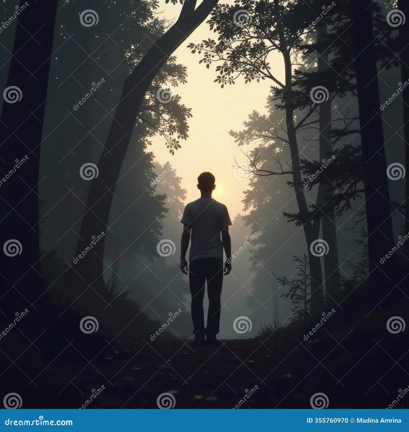 Man Walking on Path through Dark Forest into Sunrise Stock Photo ...