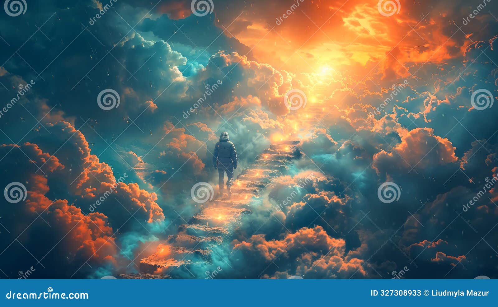 A Man is Walking on a Path in the Sky Stock Image - Image of spiritual ...