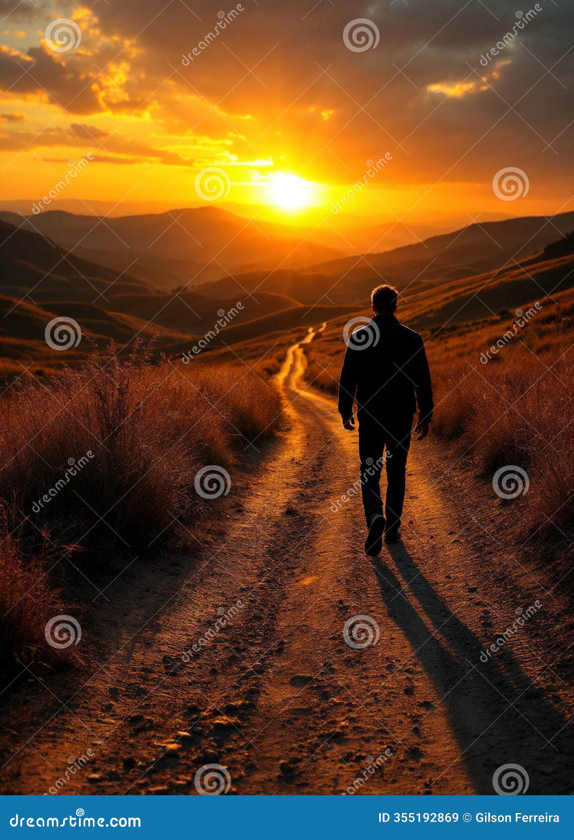 Man Walking on a Path with a Sunset Stock Illustration - Illustration ...