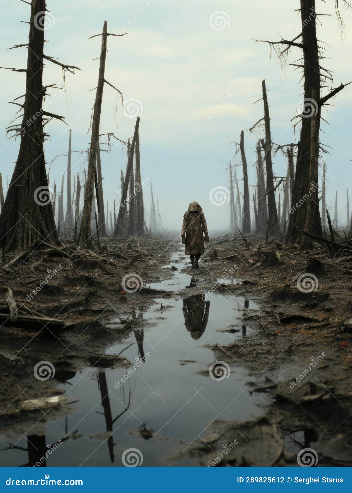 A Man Walking through a Puddle of Water in a Swamp Forest, AI Stock ...