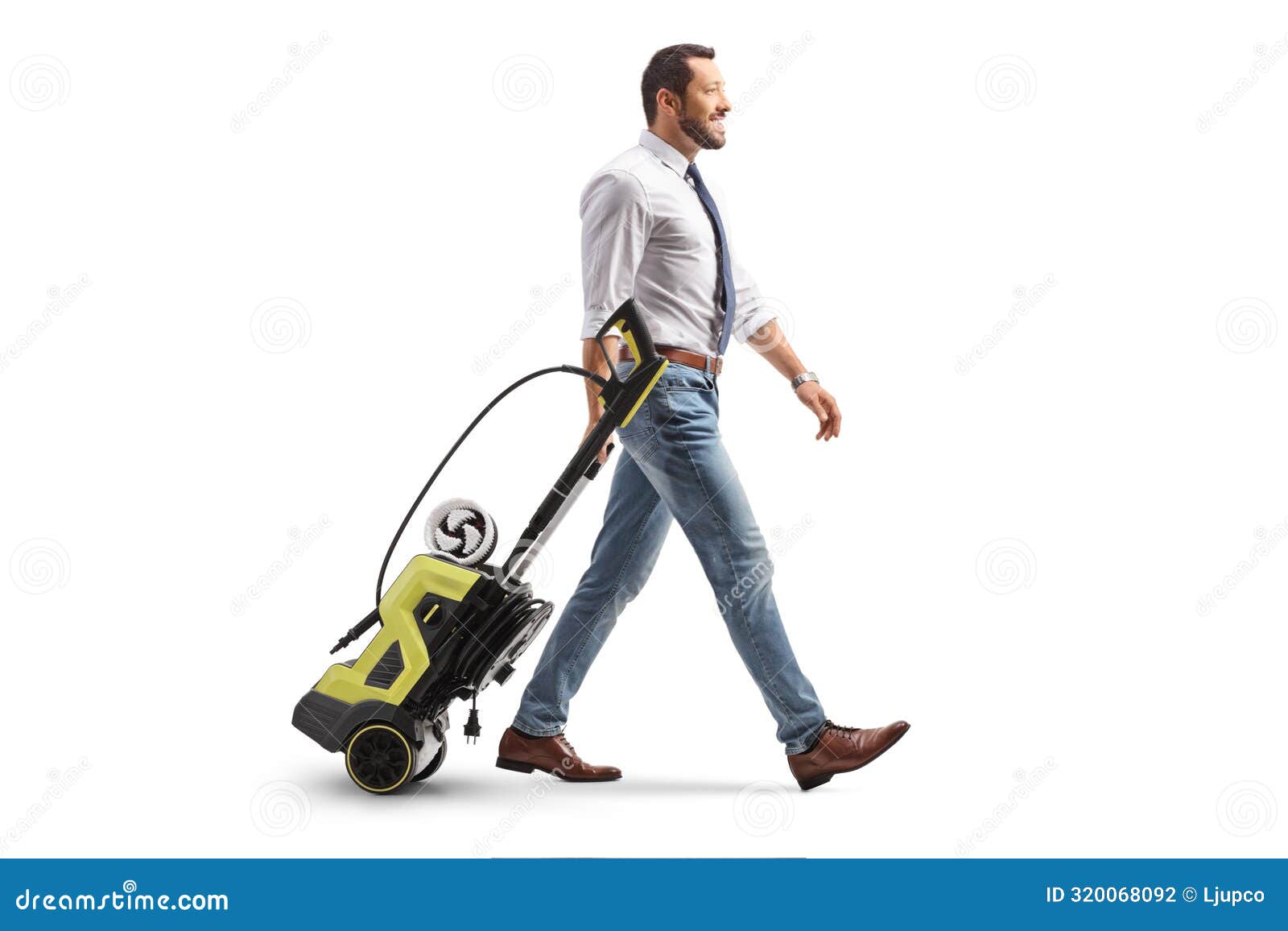Man Walking and Pulling a High Pressure Washer Machine Stock Photo ...