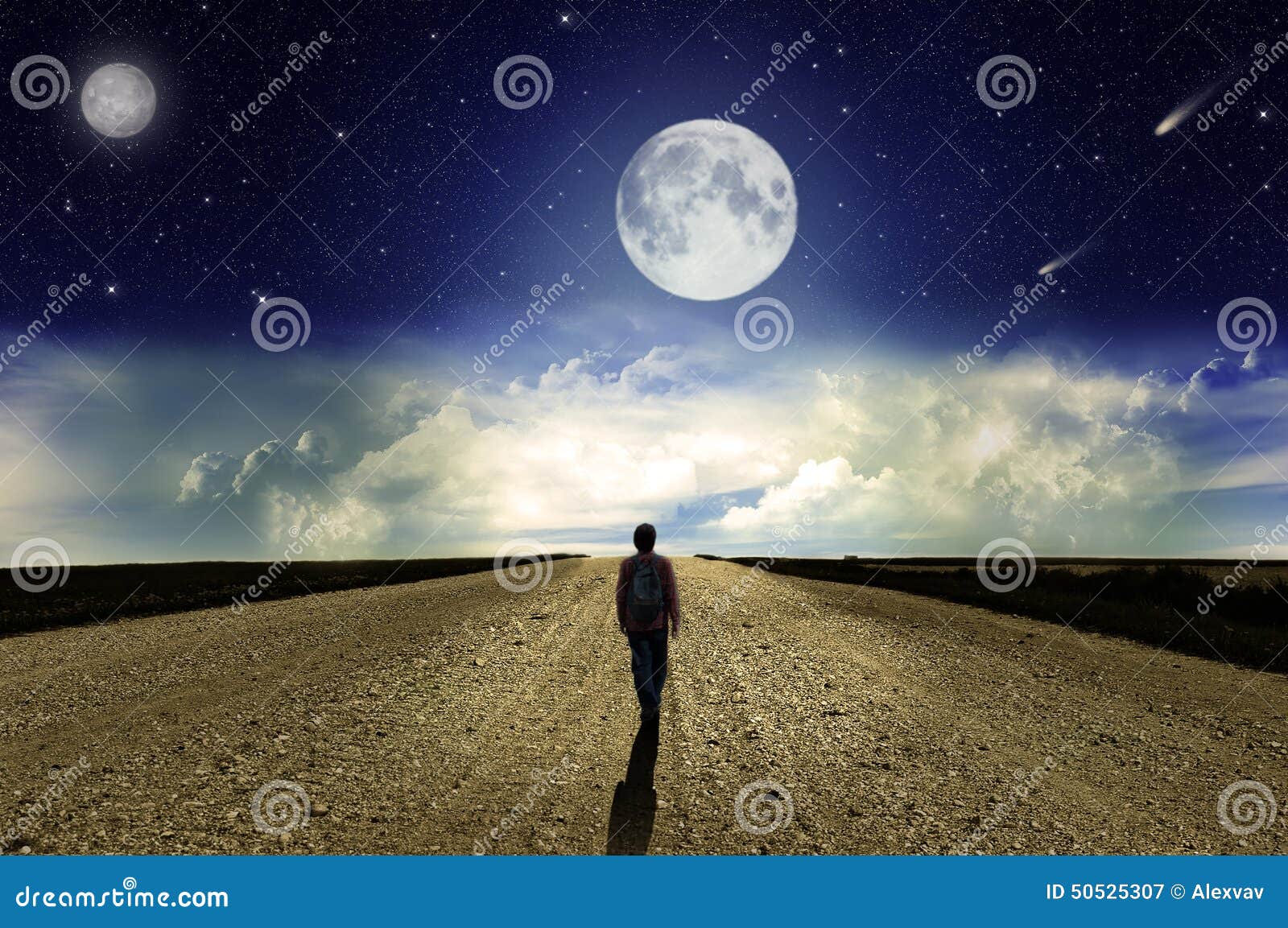 Man Walking on the Road at Night Stock Image - Image of night, moon ...