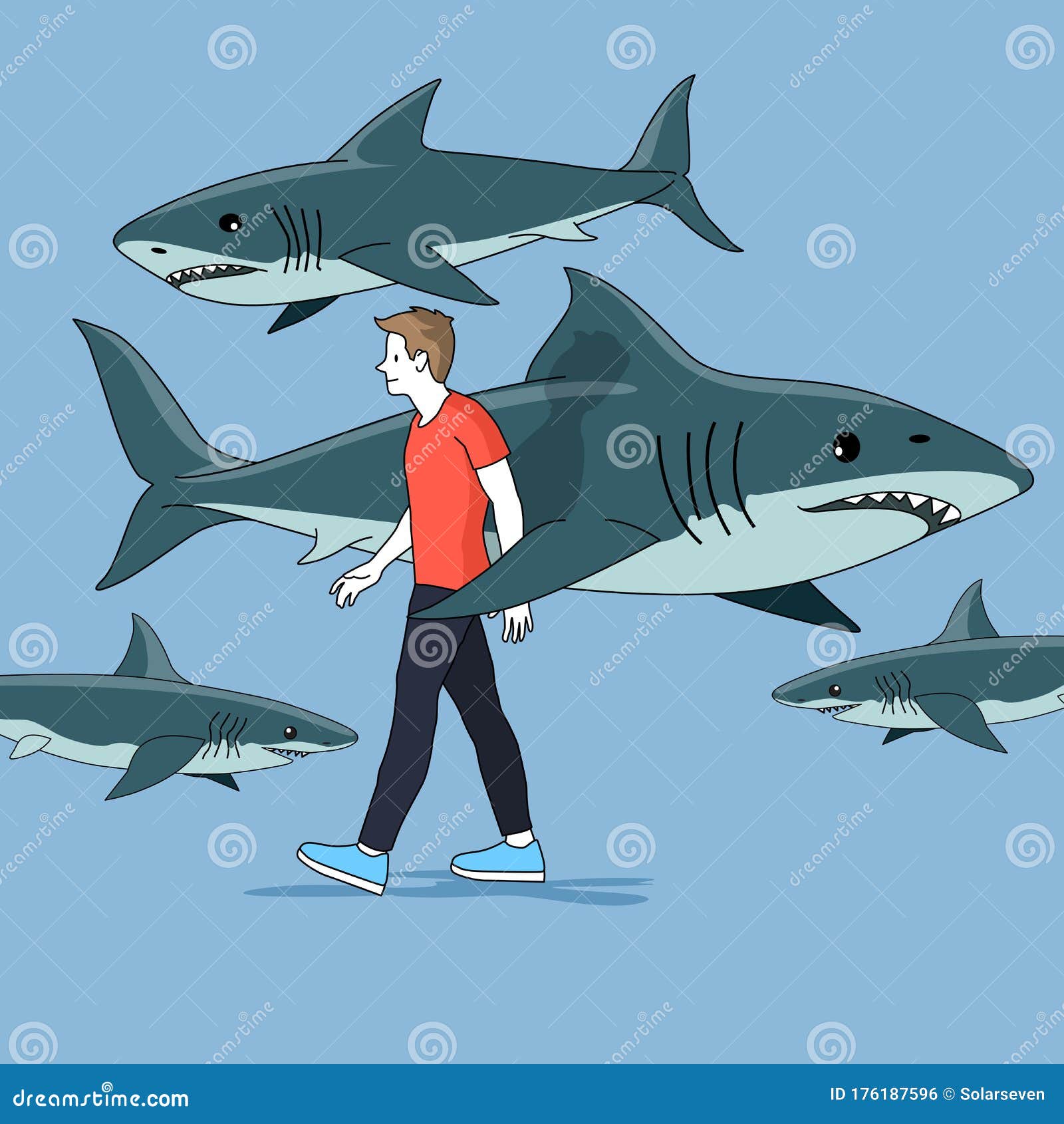 A Man Walking with Sharks stock vector. Illustration of sharks - 176187596
