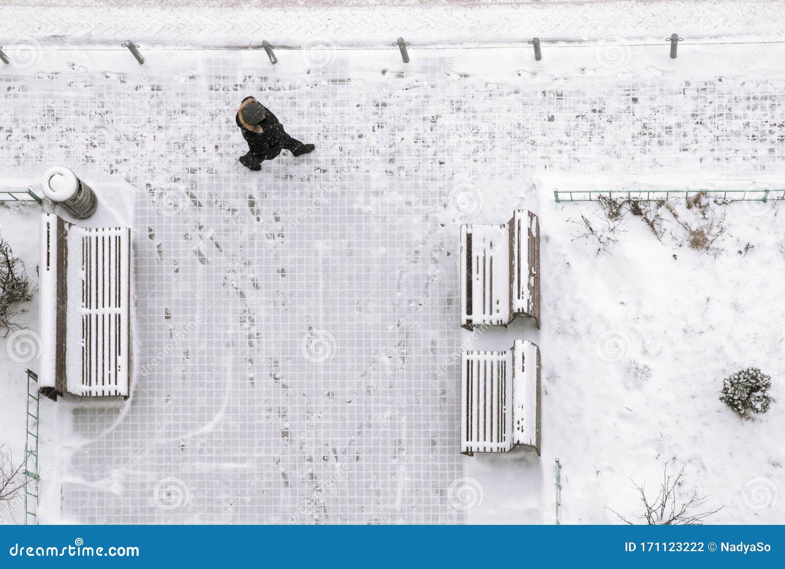 Man Walking on Snowy Sidewalk, Top View Stock Photo - Image of people ...