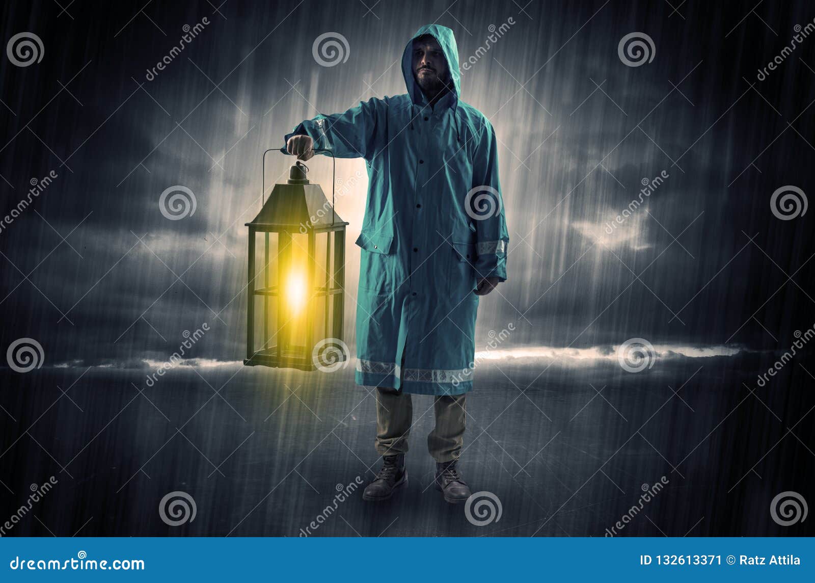 Man Walking in Storm with Lantern Stock Image - Image of east, island ...