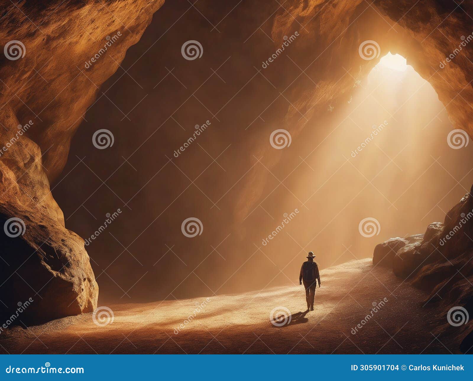 Man Walking To the Light and Exit the Cave - Generated by Ai Stock ...