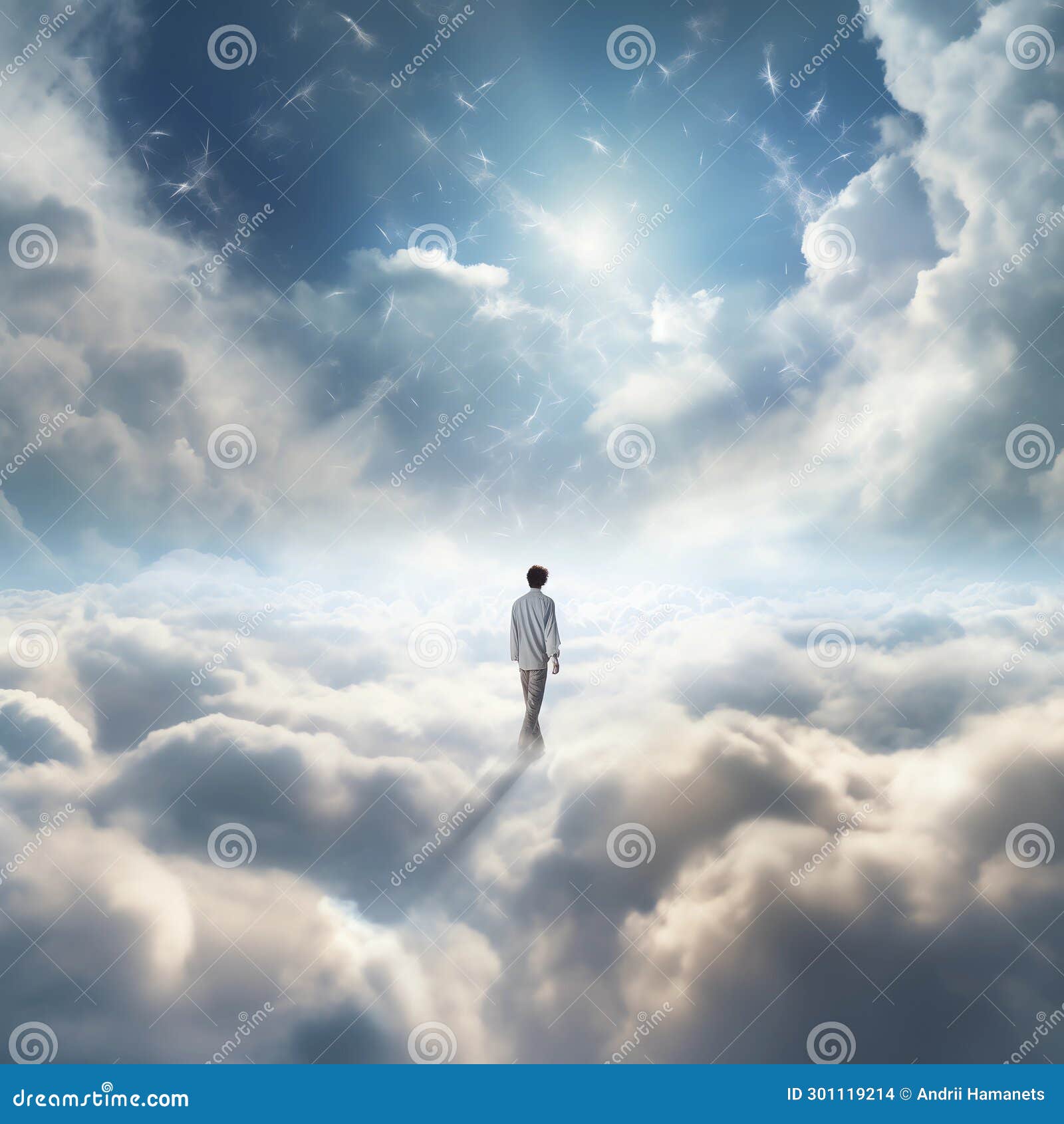 Man Walking Towards the Light on a Path of Clouds in a Dreamy Sky Stock ...