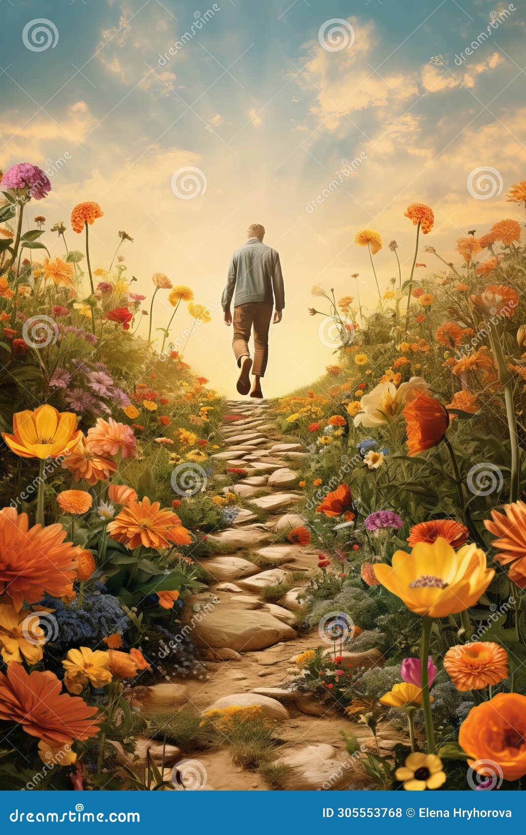 A Man Walking Towards a Radiant Light at the End of a Flower-bordered ...