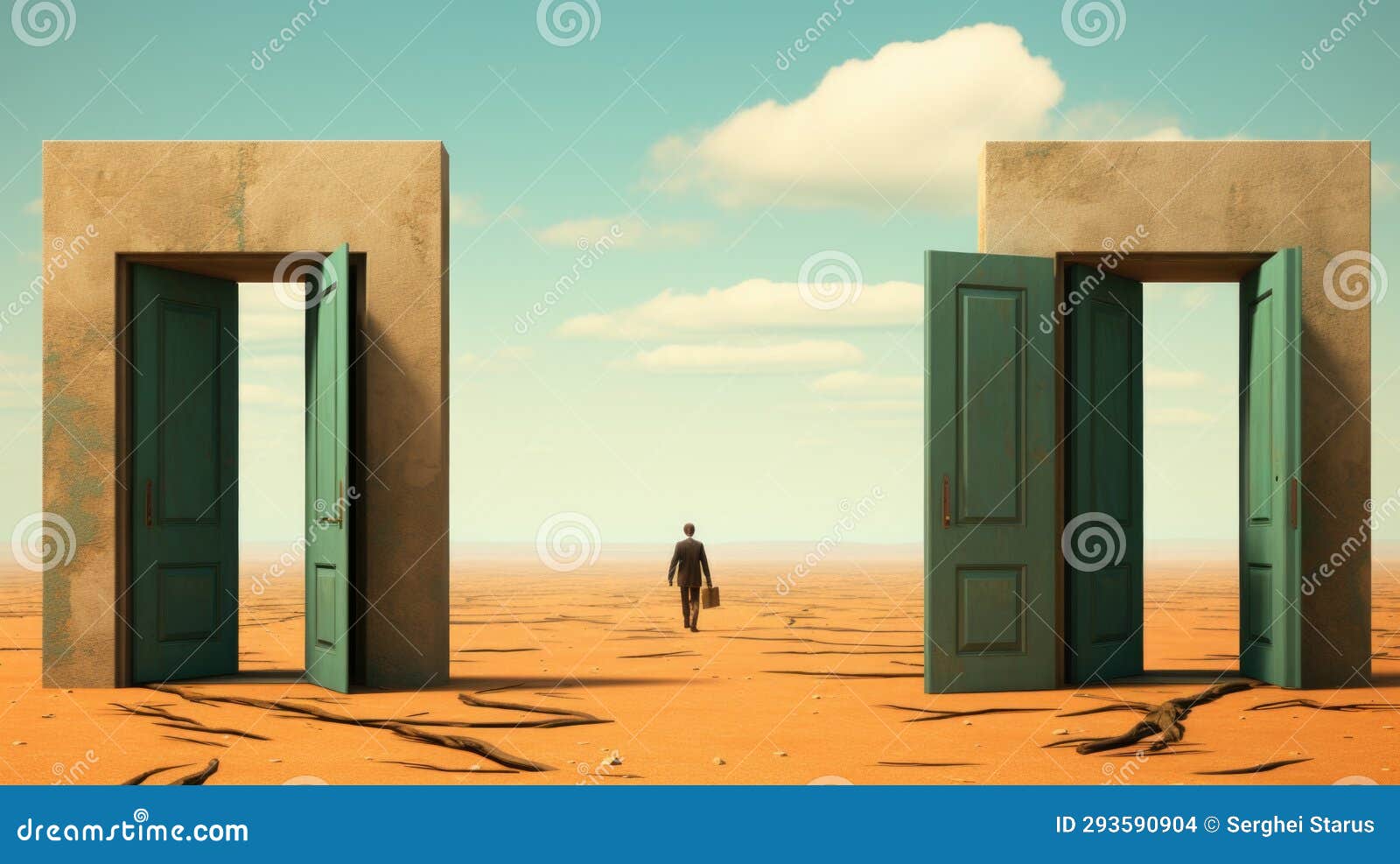Man Walking through Two Open Doors in the Desert, AI Stock Illustration ...