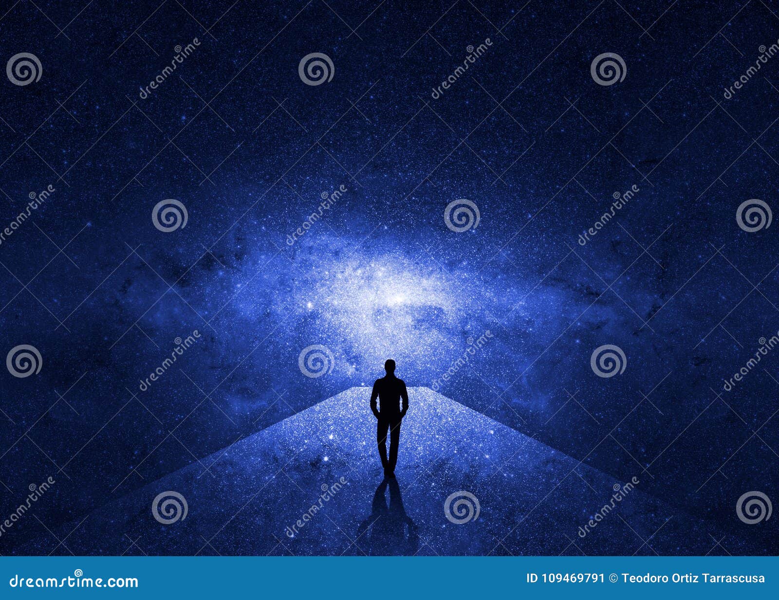 Man Walking through the Universe Stock Illustration - Illustration of ...