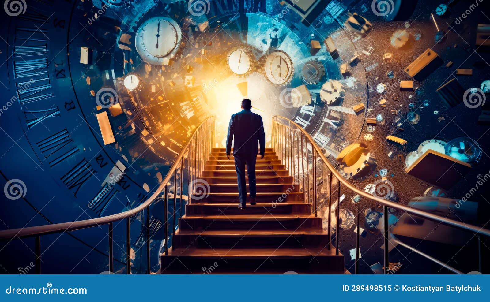 Man Walking Up Flight of Stairs in Front of Clock Tower. Generative AI ...