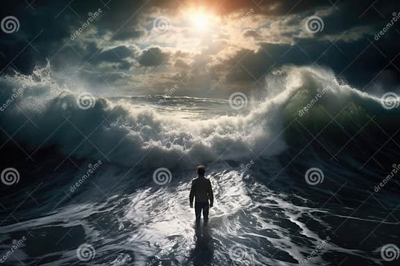 A Man Walking through the Water with the Waves Parted Stock ...