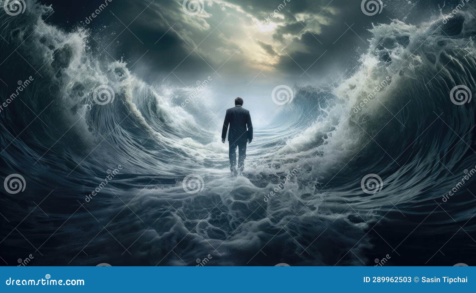 A Man Walking through the Water with the Waves Parted Stock ...