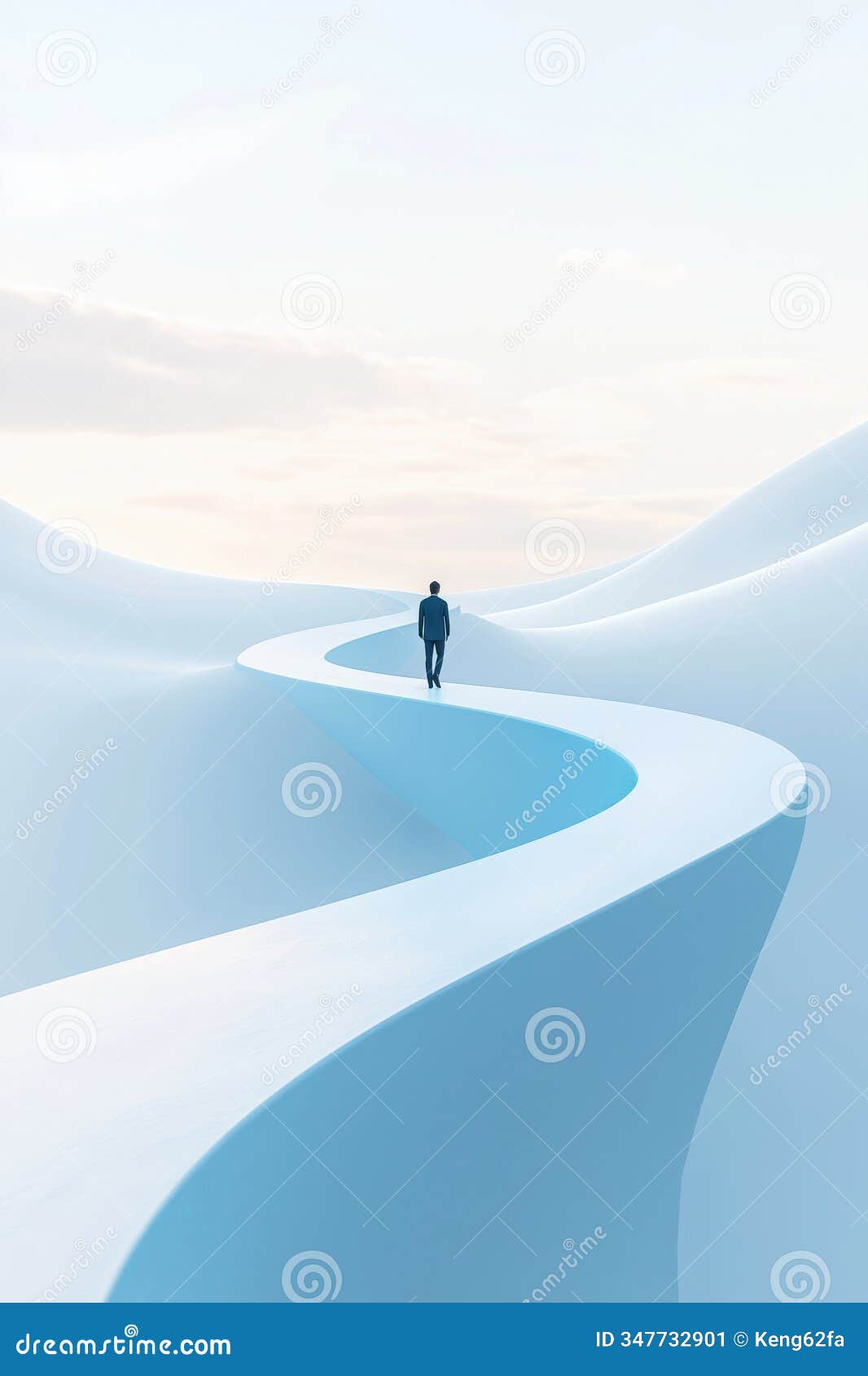 Man Walks Along Winding Blue Path in Serene Landscape Stock ...