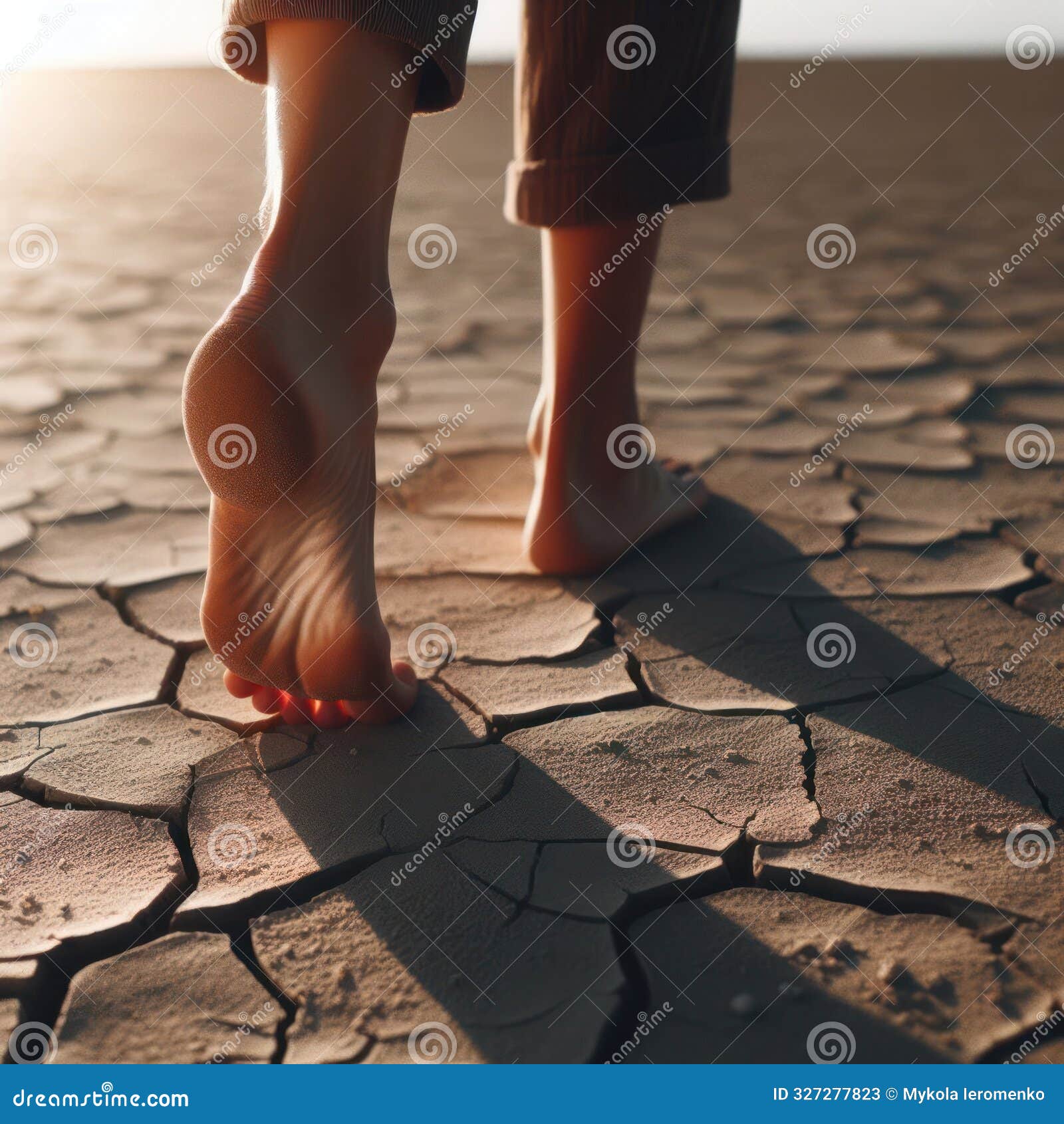 A Man Walks Barefoot On Cracked Soil Against The Background Of A Sunset ...