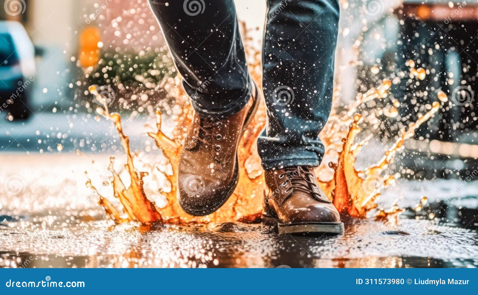A Man Walks Cautiously through a Puddle Stock Photo - Image of autumn ...