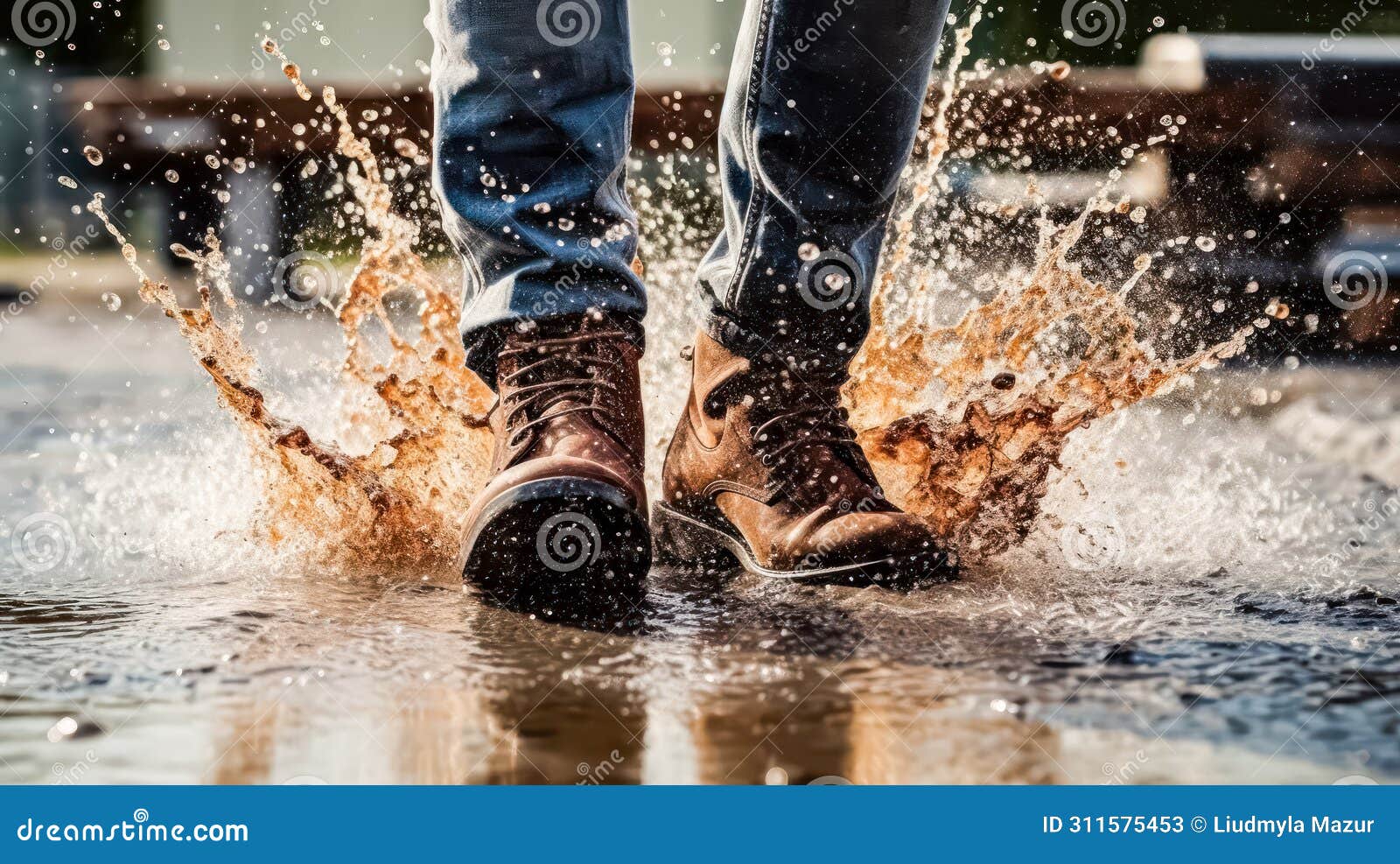 A Man Walks Cautiously through a Puddle Stock Image - Image of ...