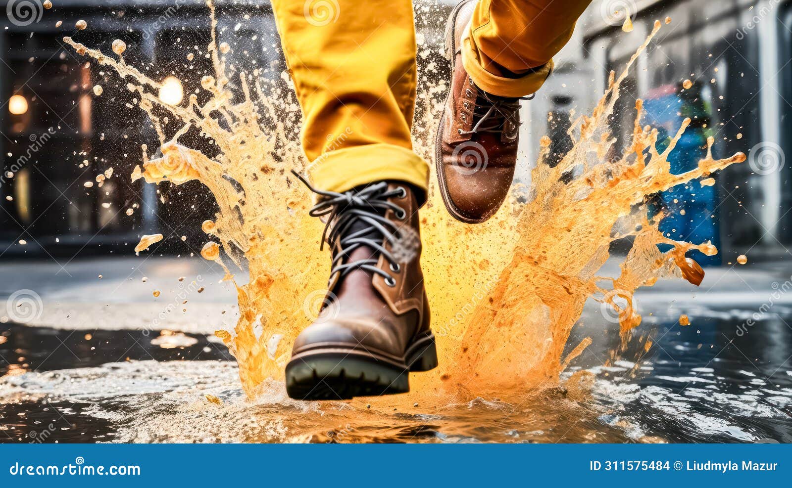 A Man Walks Cautiously through a Puddle Stock Photo - Image of puddle ...