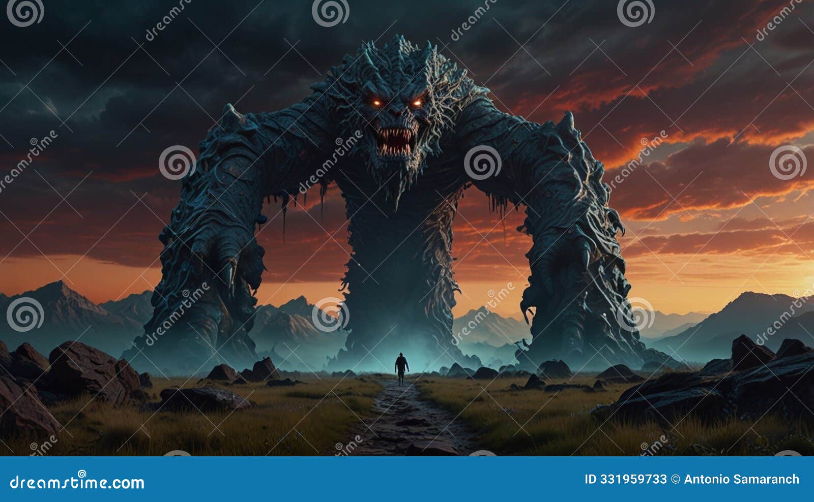 A Man Walks Down a Path with a Monster in the Background Stock ...