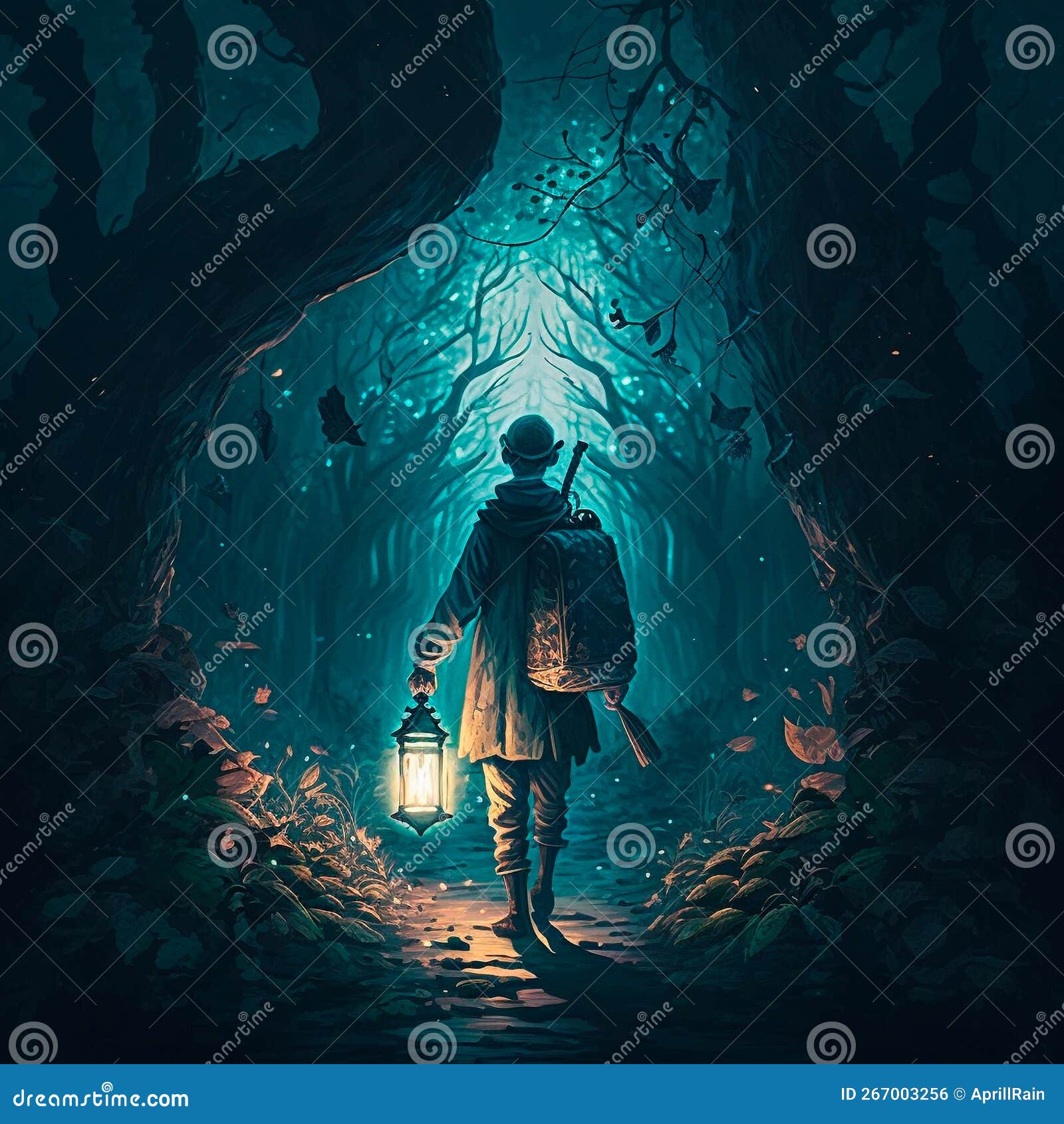 A Man Walks in the Night, Lighting His Way with a Lamp Stock ...