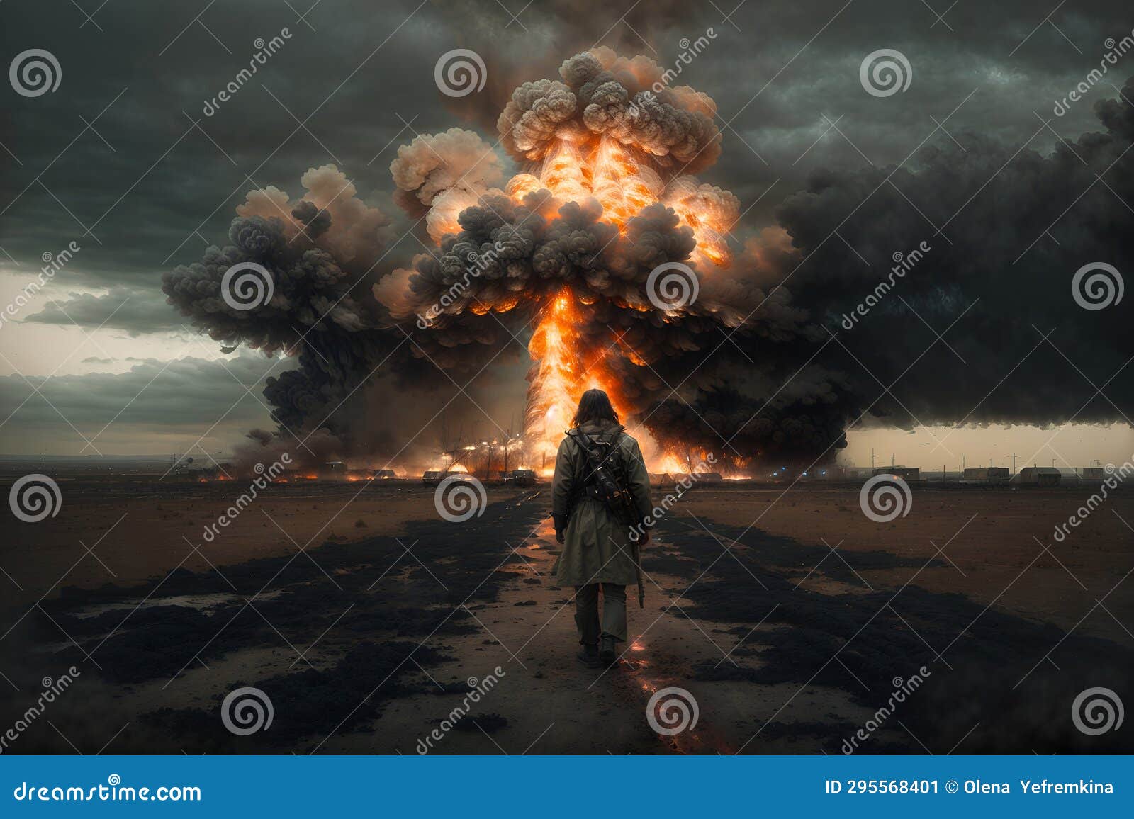 A Man Walks on the Road To Meet a Nuclear Explosion. Stock Image ...
