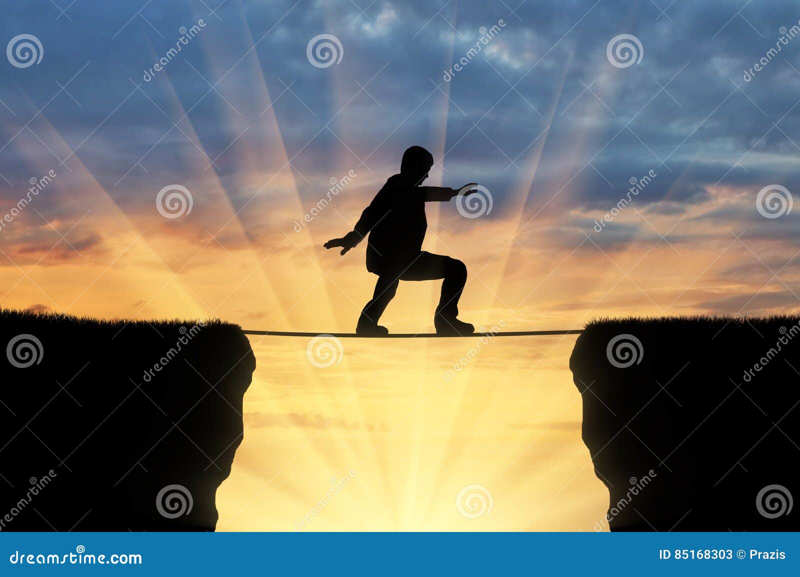 Man Walks on a Tightrope Over a Cliff Stock Image - Image of effort ...