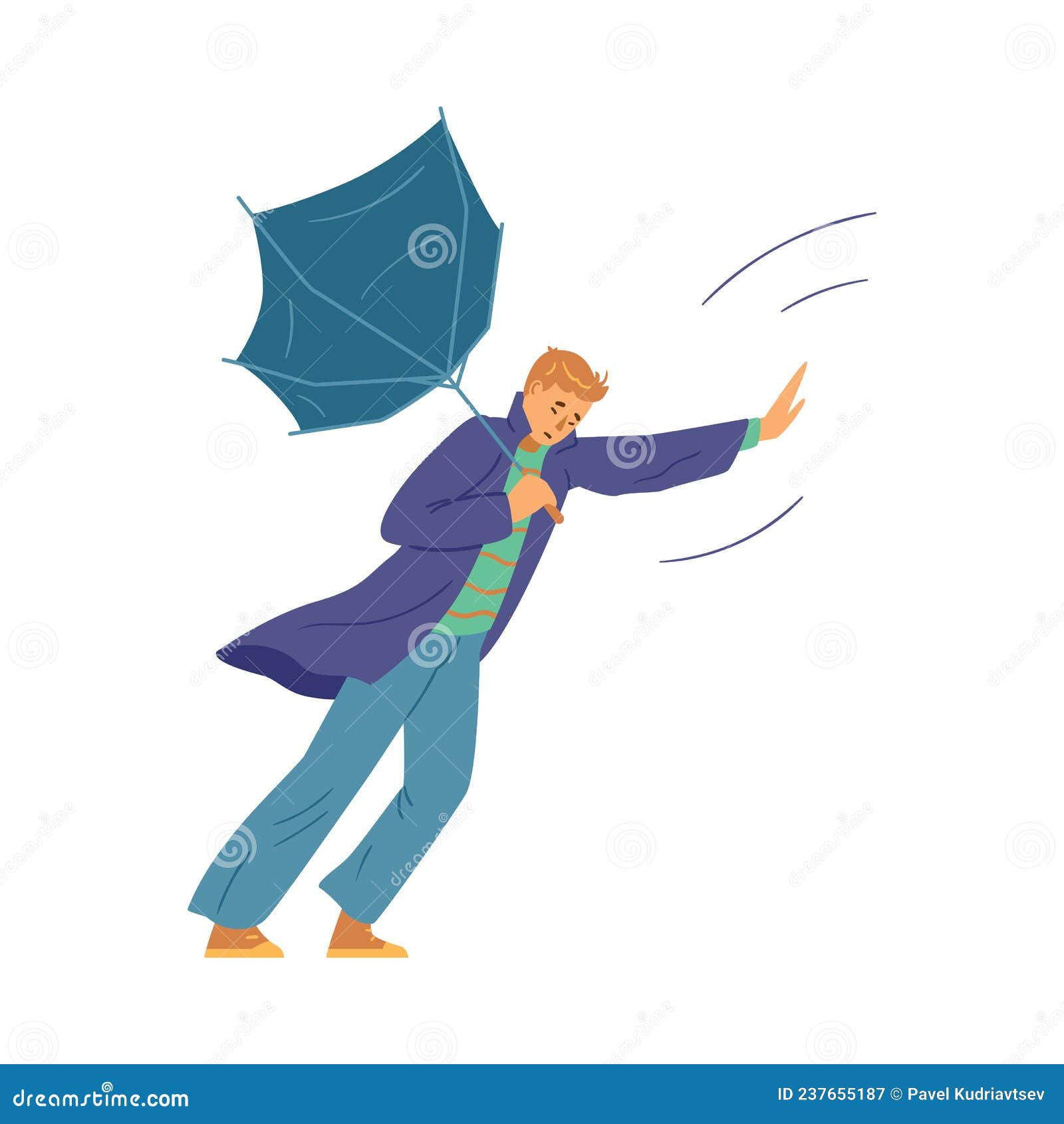 Man Walks With Umbrella Turned Inside Out During Wind Storm, Flat ...