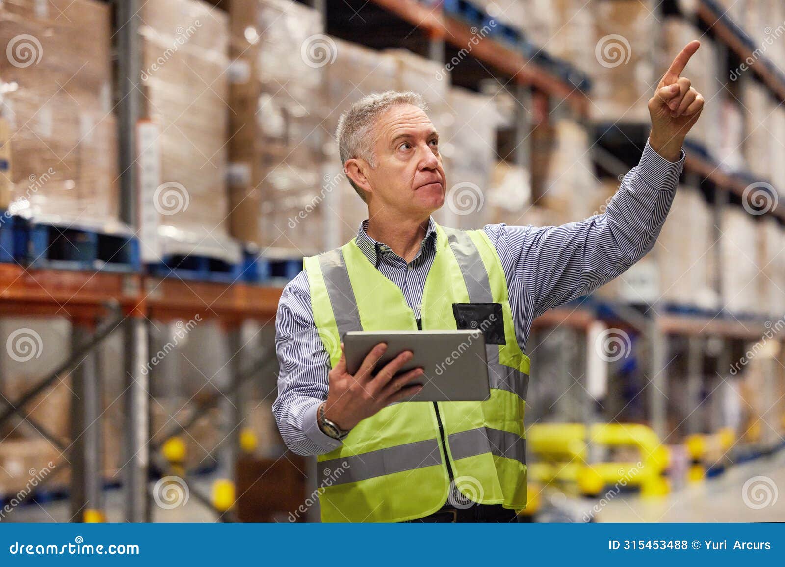 Man, Warehouse and Worker with Tablet Pointing, Technology and ...