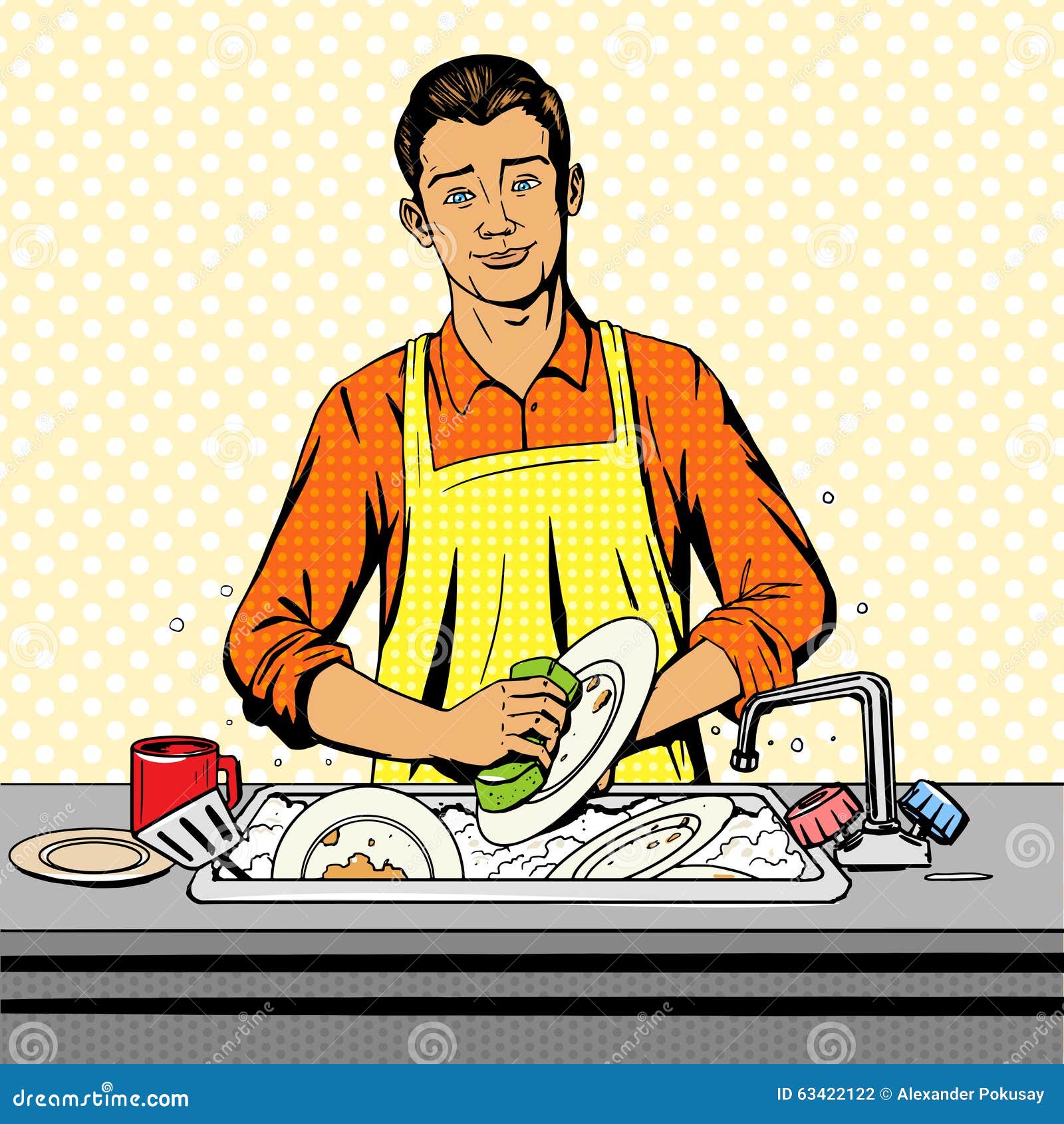 Man Washes Dishes Pop Art Style Vector Stock Vector Illustration Of Style Care 63422122