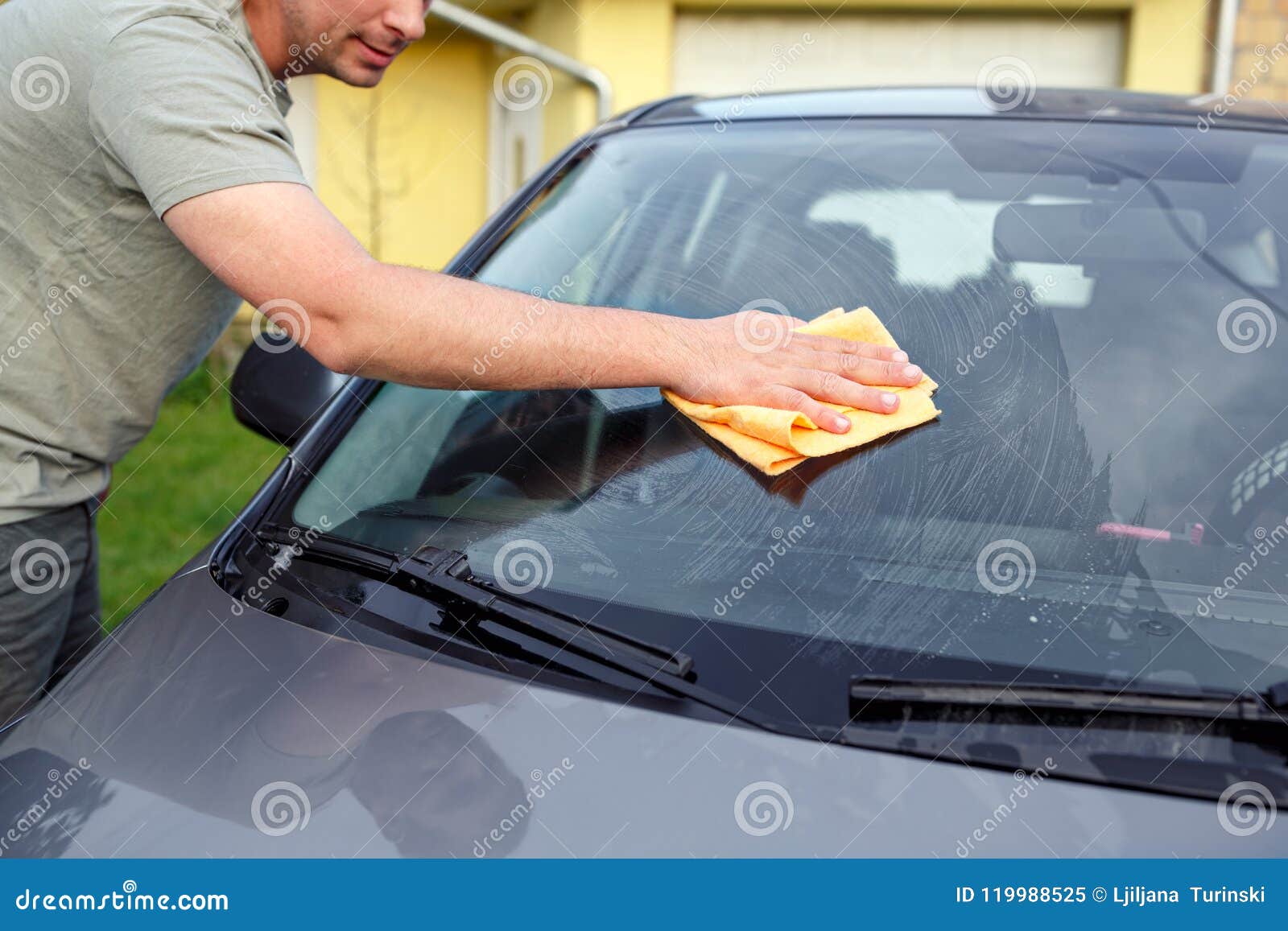 Man Washes Front Car Window with Sponge Stock Image - Image of close ...