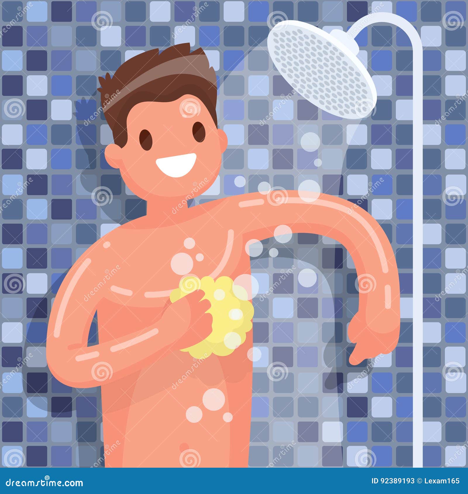 Man Washes In The Shower In The Bathroom Vector Illustration In Stock