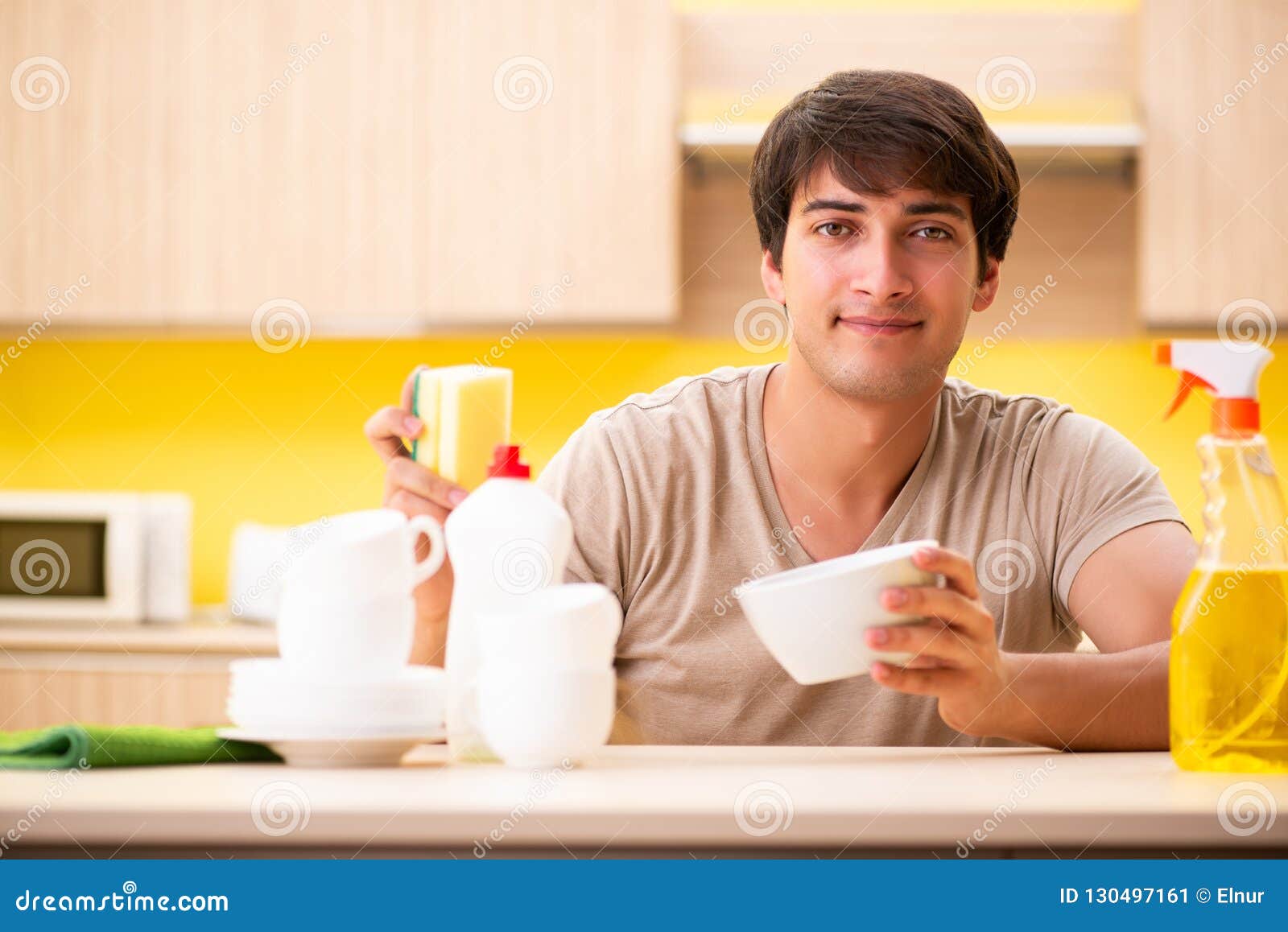 The Man Washing Dishes at Home Stock Image - Image of household, good ...