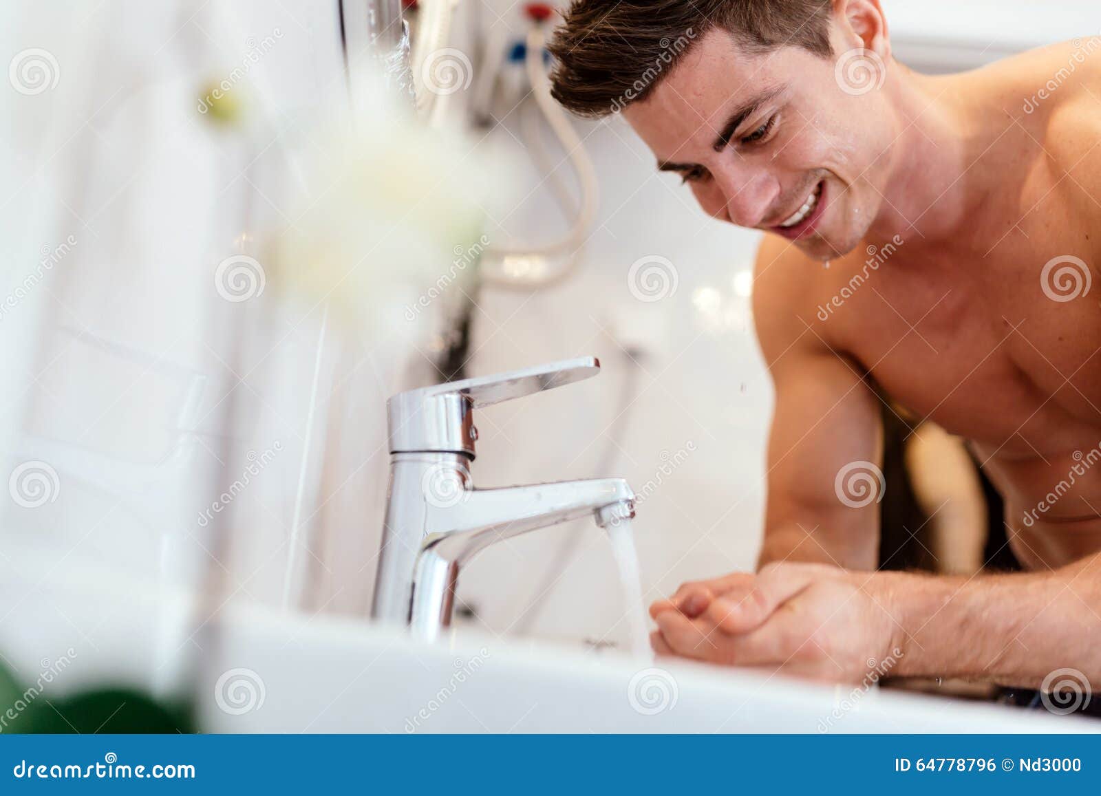 Man Washing Face in Morning Stock Photo - Image of inside, person: 64778796