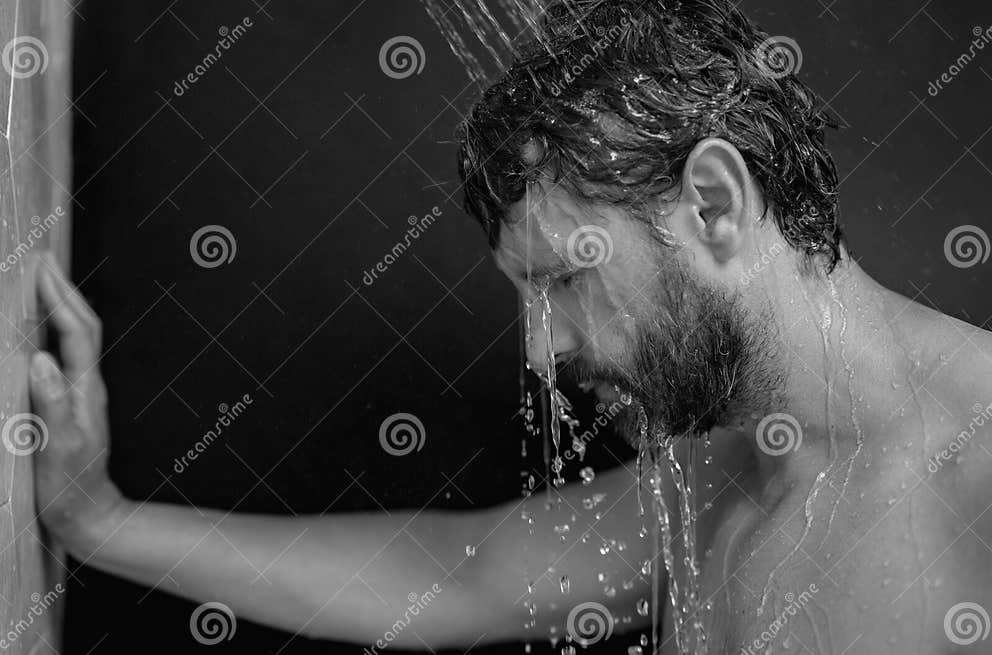 Man Washing Hair In Bath Guy Bathing Shower Head In Bathtub Face In