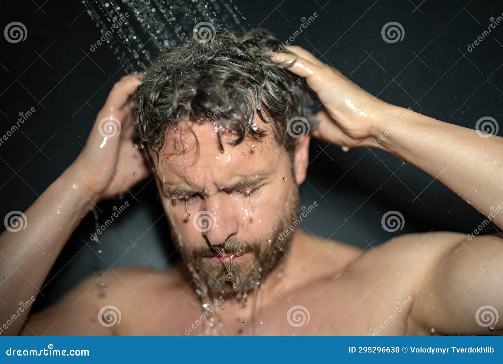 Man Washing Hair Close Up Portrait Man Bathing Shower Washing Hair