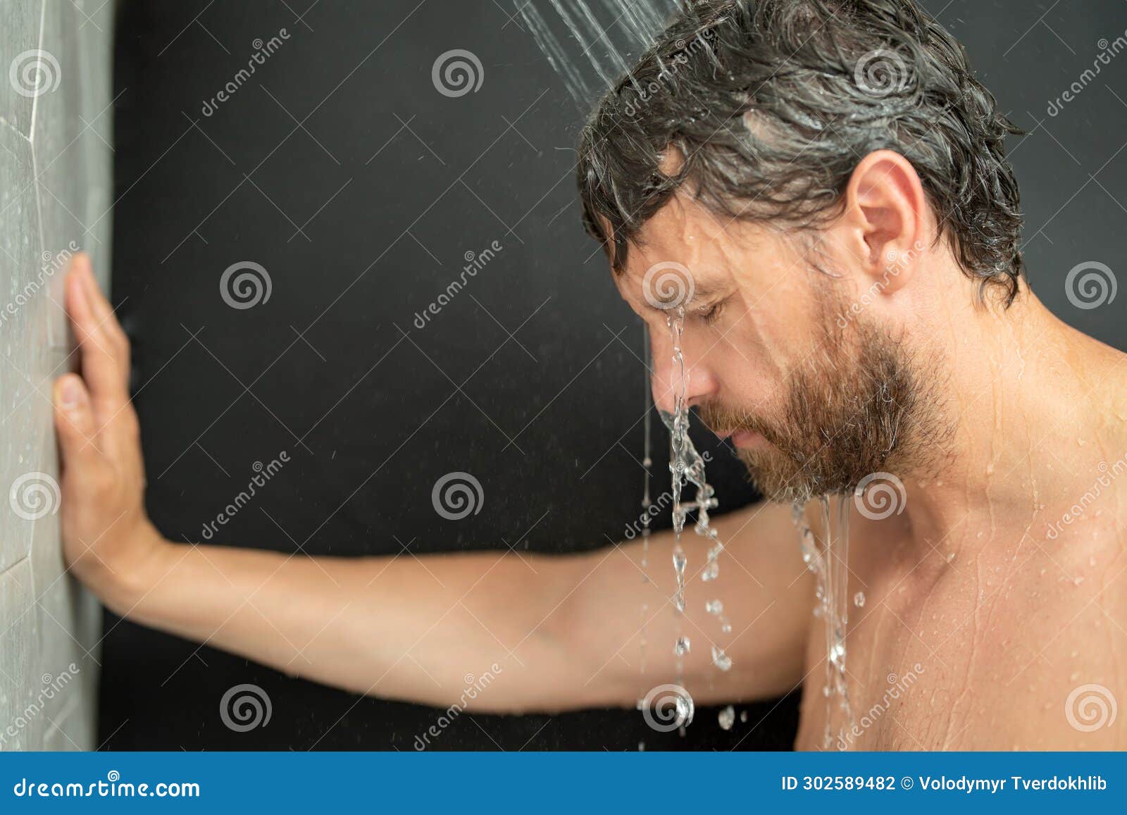 Man Washing Hair Close Up Portrait Man Bathing Shower Washing Hair