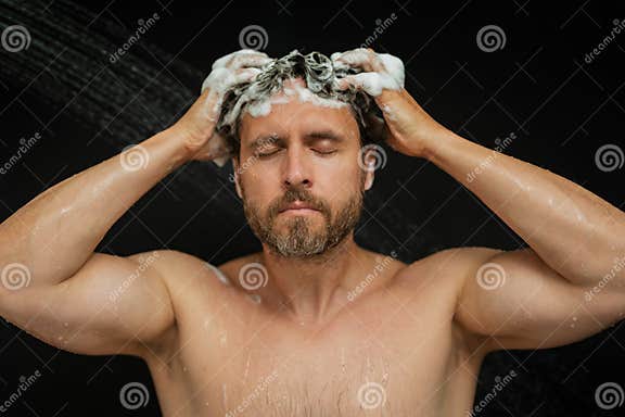 Man Washing Hair Close Up Portrait Man Bathing Shower Washing Hair