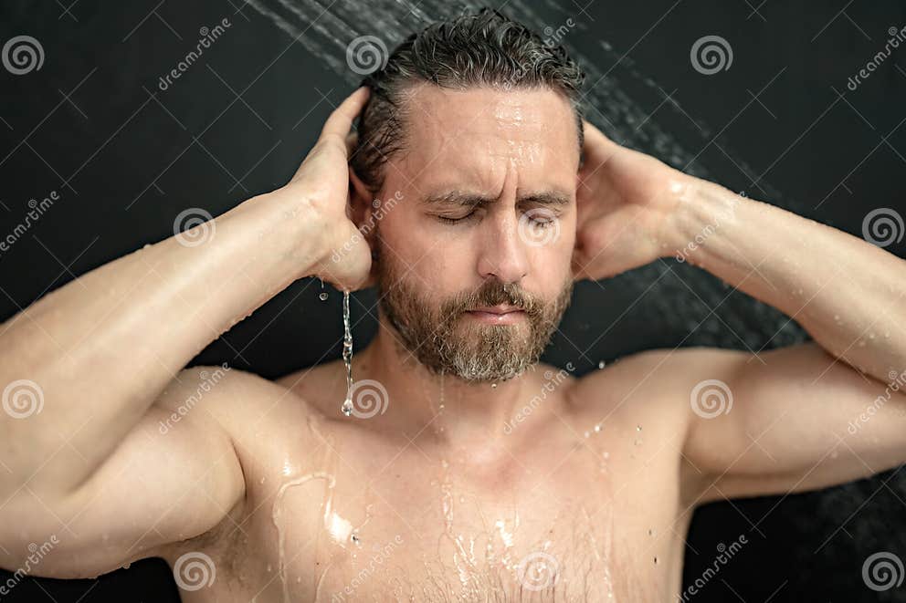 Man Washing Hair Close Up Portrait Man Bathing Shower Washing Hair