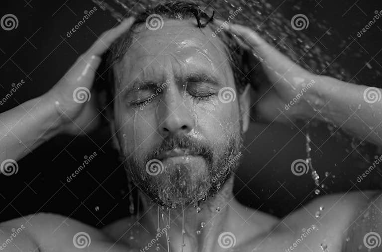 Man Washing Hair Close Up Portrait Man Bathing Shower Washing Hair