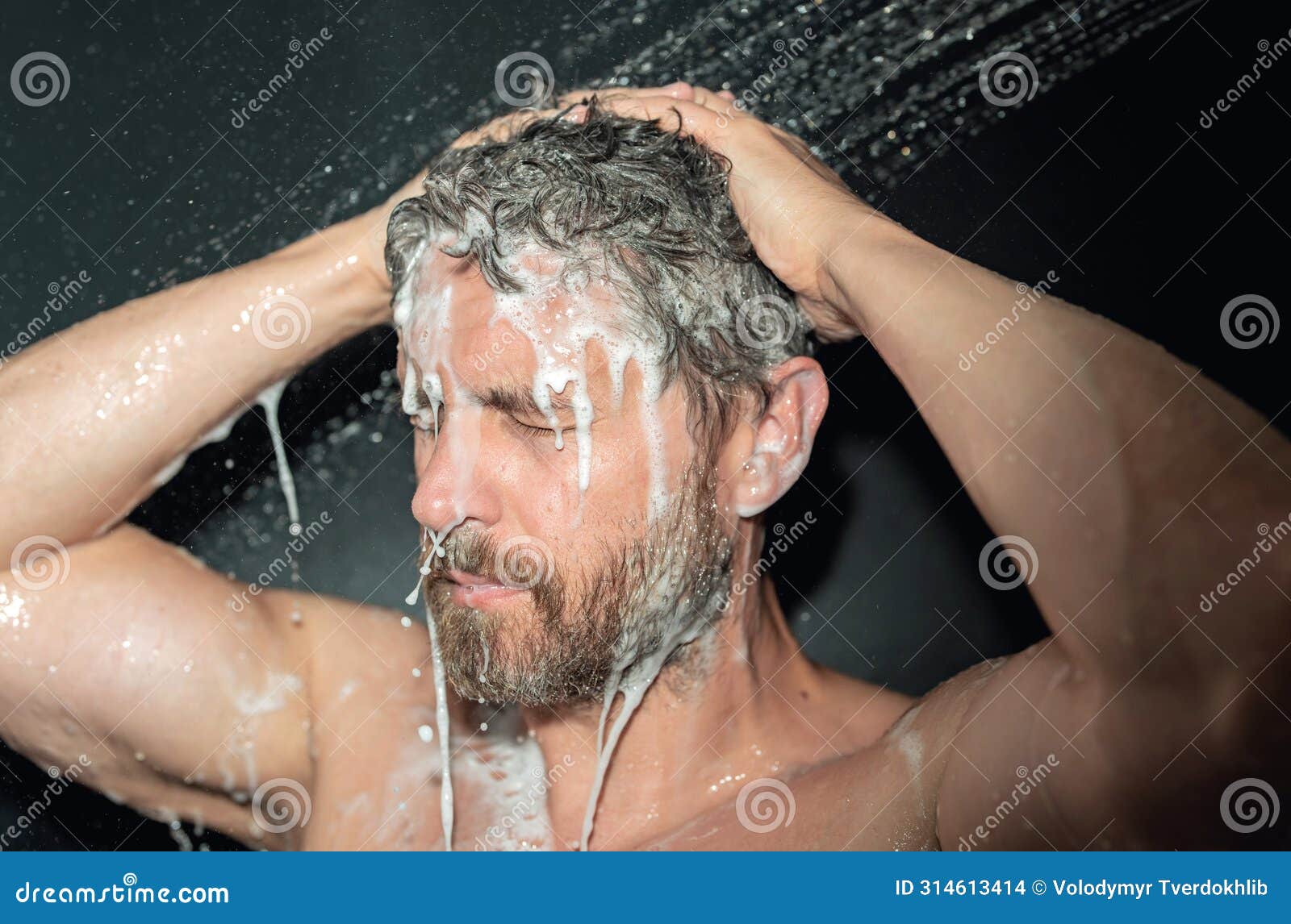 Man Washing Hair Closeup Portrait Bathing Shower Washing Hair Head In