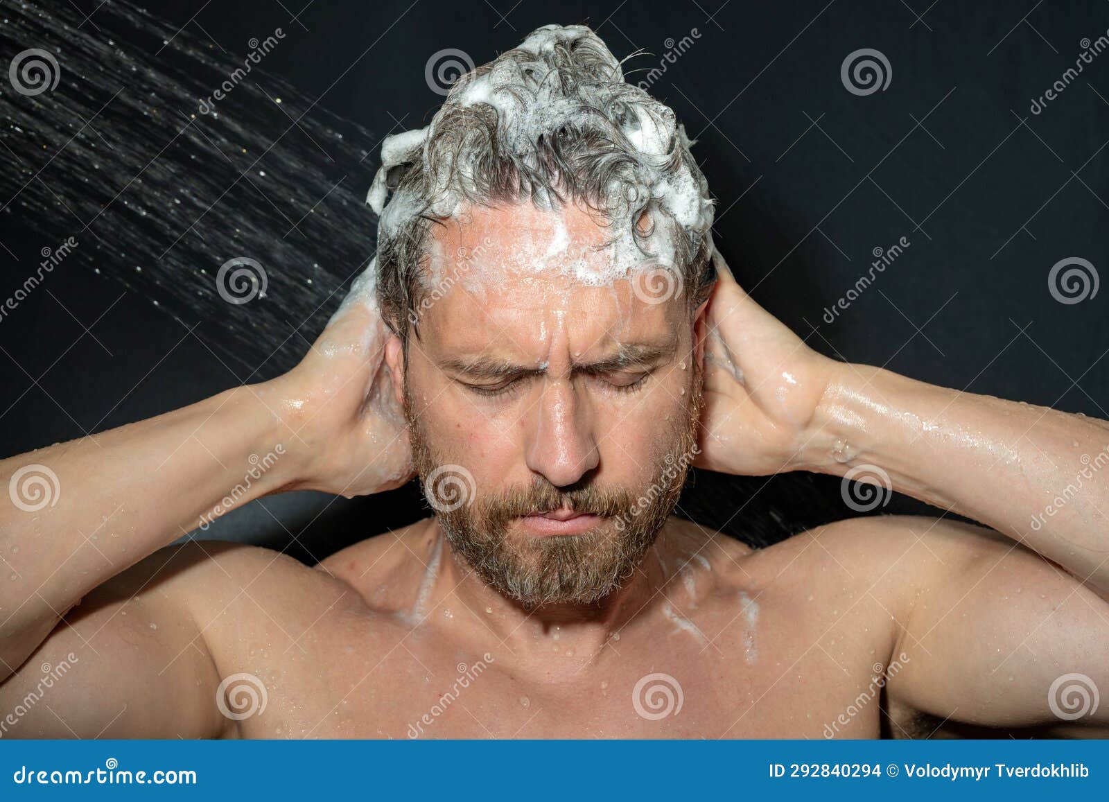 Man Washing Hair Closeup Portrait Bathing Shower Washing Hair Head In