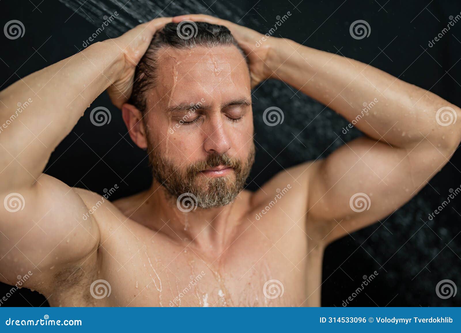 Man Washing Hair Closeup Portrait Bathing Shower Washing Hair Head In