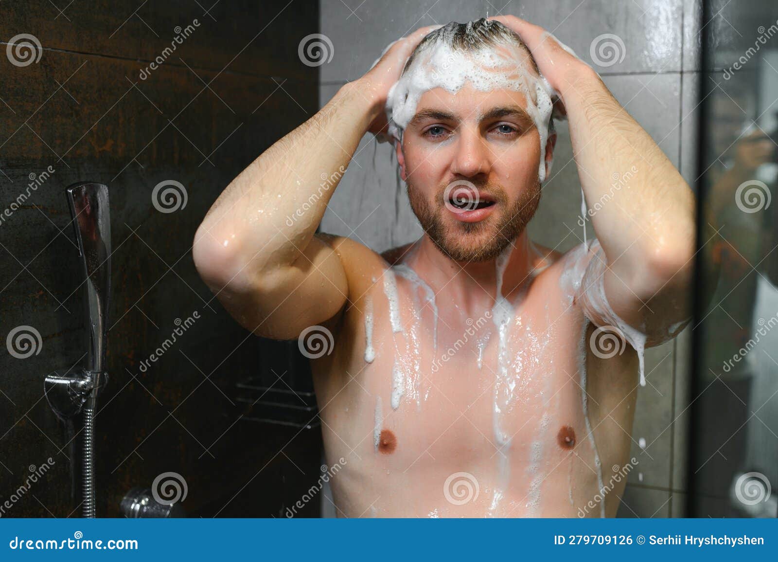 The Man is Washing His Hair, he Use Shampoo. Stock Photo - Image of ...