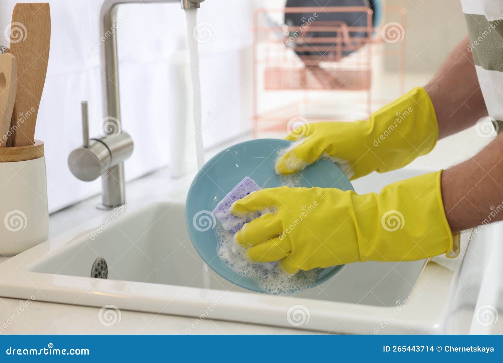 Man Washing Plate Above Sink in Kitchen, Closeup Stock Photo - Image of ...