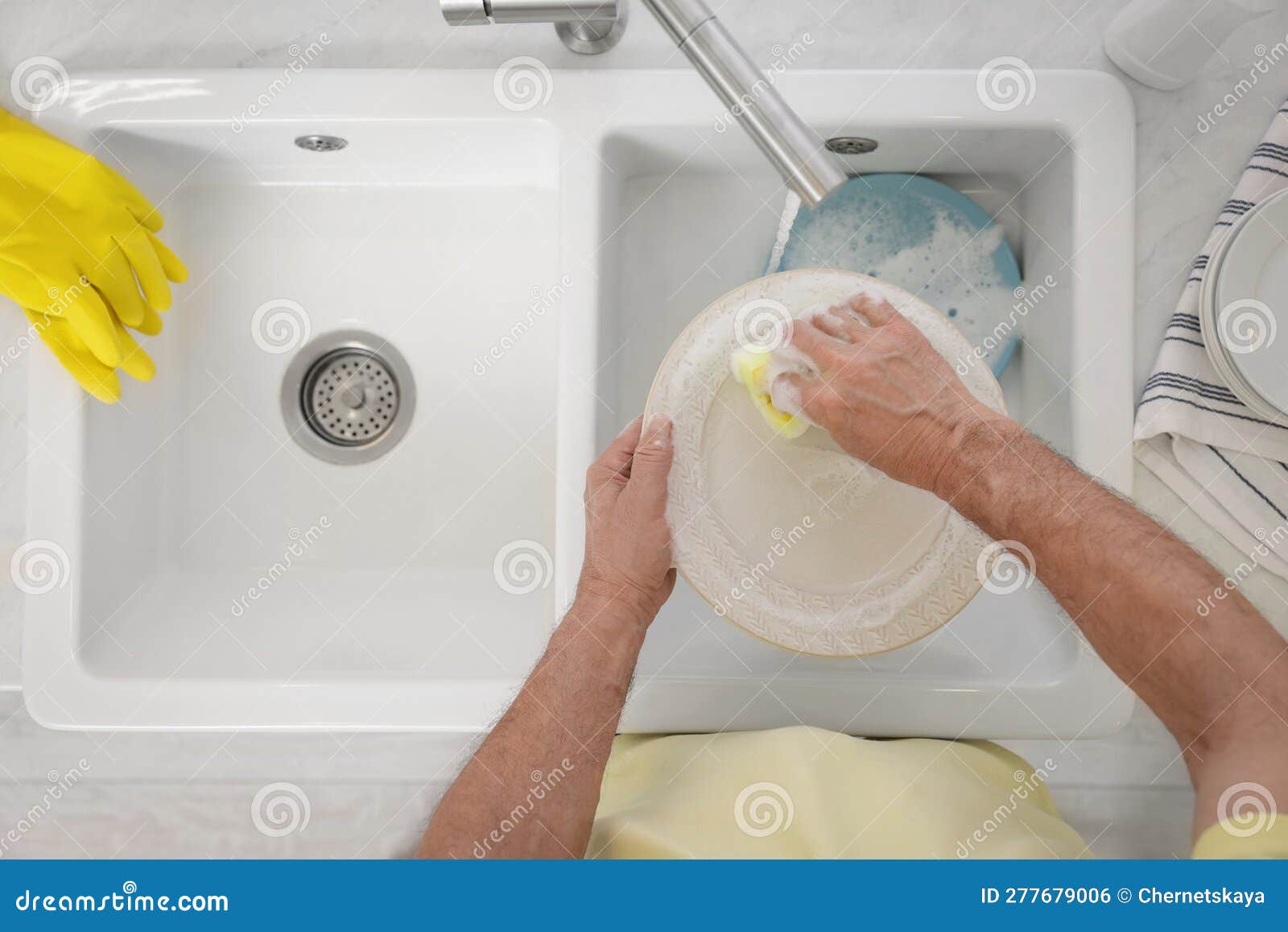 Man Washing Plate Above Sink, Top View Stock Photo - Image of home ...