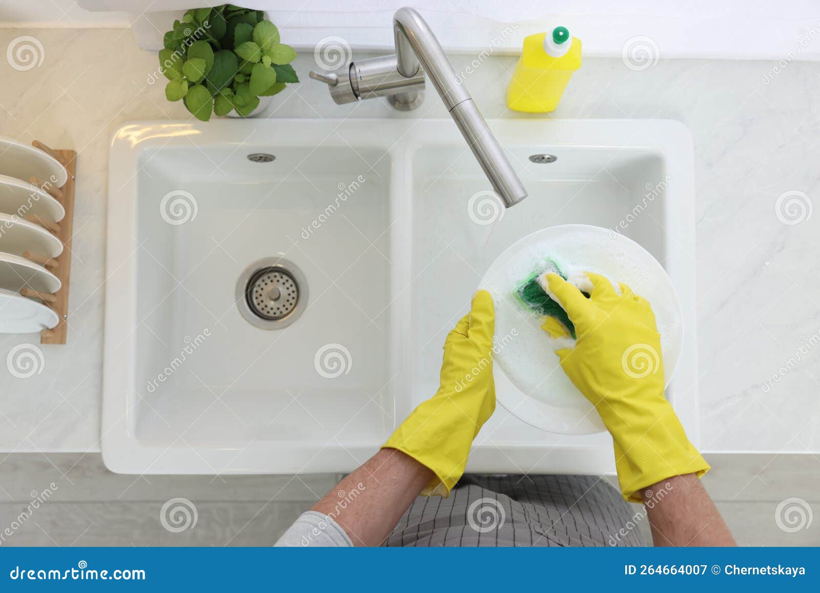 Man Washing Plate in Kitchen Sink, Top View Stock Image - Image of ...